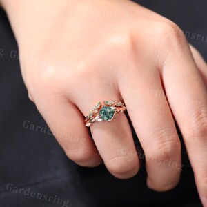 Moss Agate Engagement Ring Set Rose Gold Moissanite Ring Unique Marquise Cut Moss Agate Wedding ...