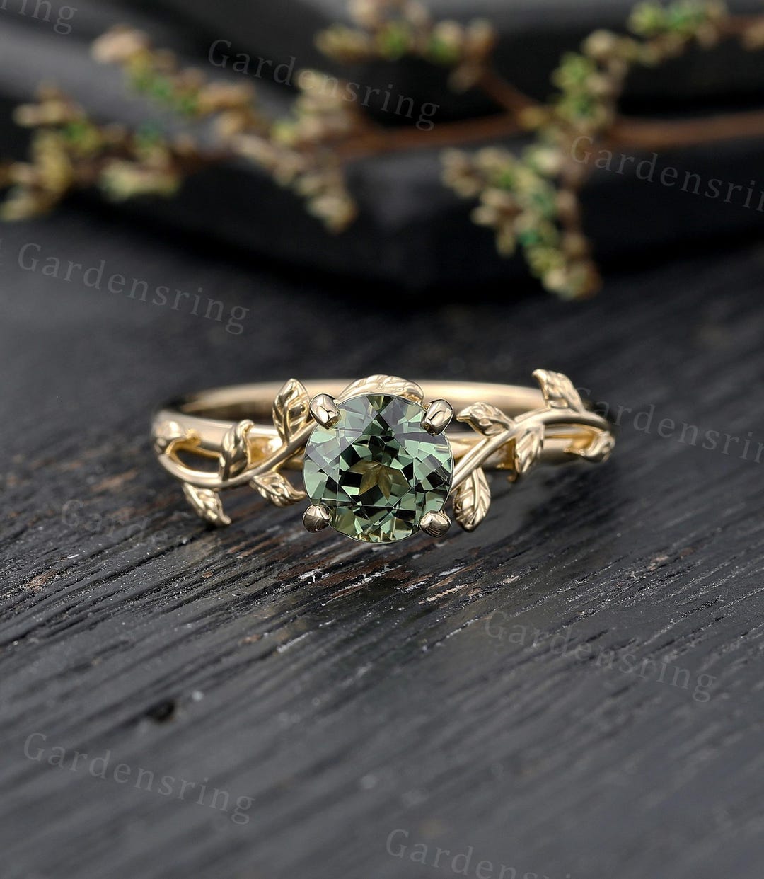 Vintage Green Sapphire Engagement Ring Solid Gold Unique Solitaire Ring ...