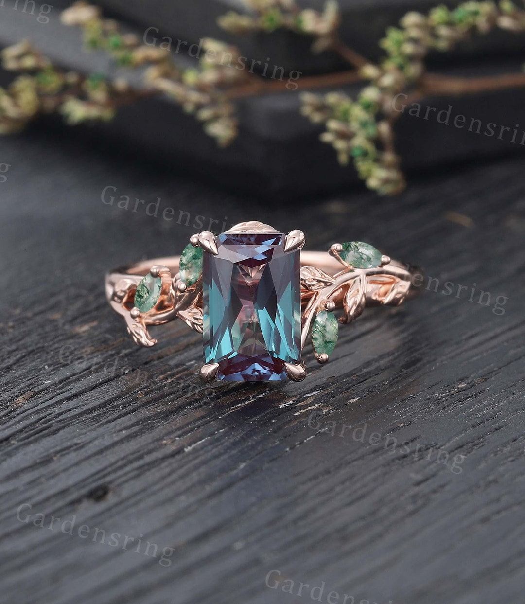 Radiant Cut Alexandrite Engagement Ring Solid Rose Gold Unique Marquise ...