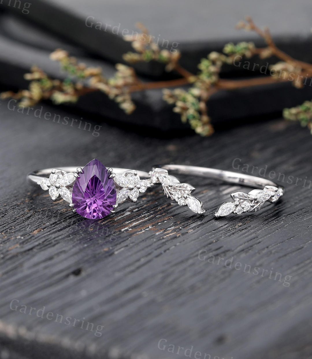 Pear Shaped Amethyst Engagement Ring Set Vintage Marquise Cut ...
