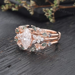 Marquise Cut Moissanite Engagement Ring Set Vintage Moss Agate Wedding Band Rose Gold Enhancer ...