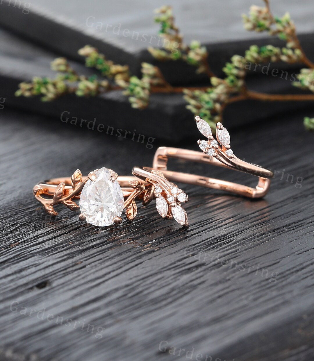 Pear Shaped Moissanite Engagement Ring Set Vintage Leaf Ring Enhancer Wedding Band Marquise ...