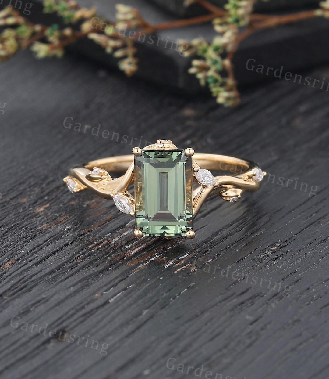 Emerald Cut Green Sapphire Engagement Ring 14k Gold Vintage Moissanite ...