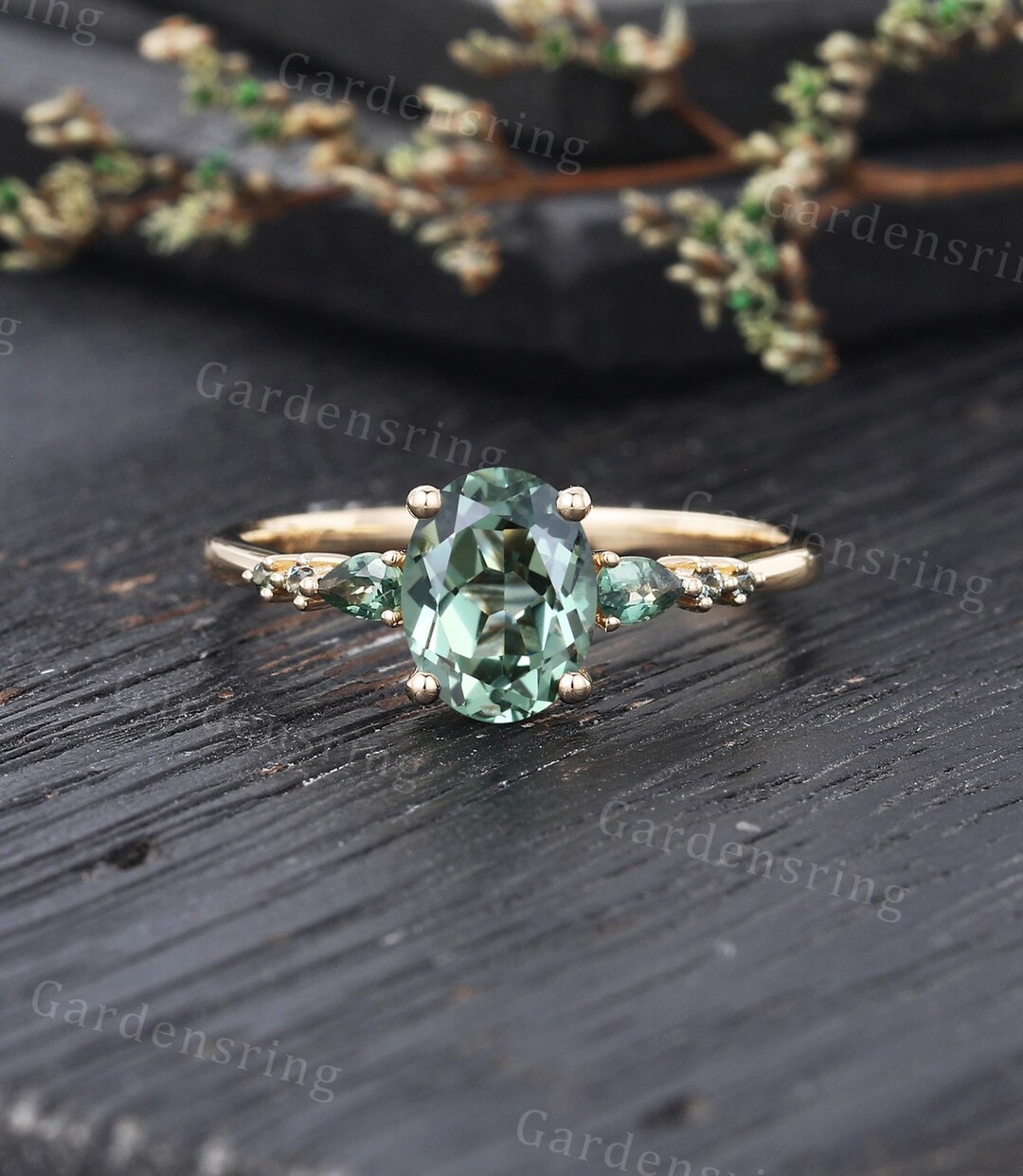 Oval Cut Green Sapphire Engagement Ring Vintage 14k Gold Pear Shaped ...