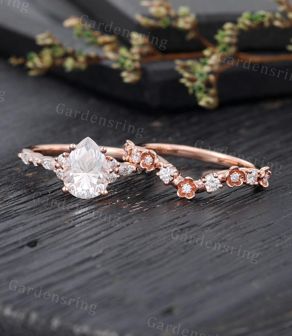 Pear Shaped Moissanite Engagement Ring Set Vintage Rose Gold Marquise Cut Diamond Floral Wedding Ring Bridal Set Promise Anniversary Ring Etsy