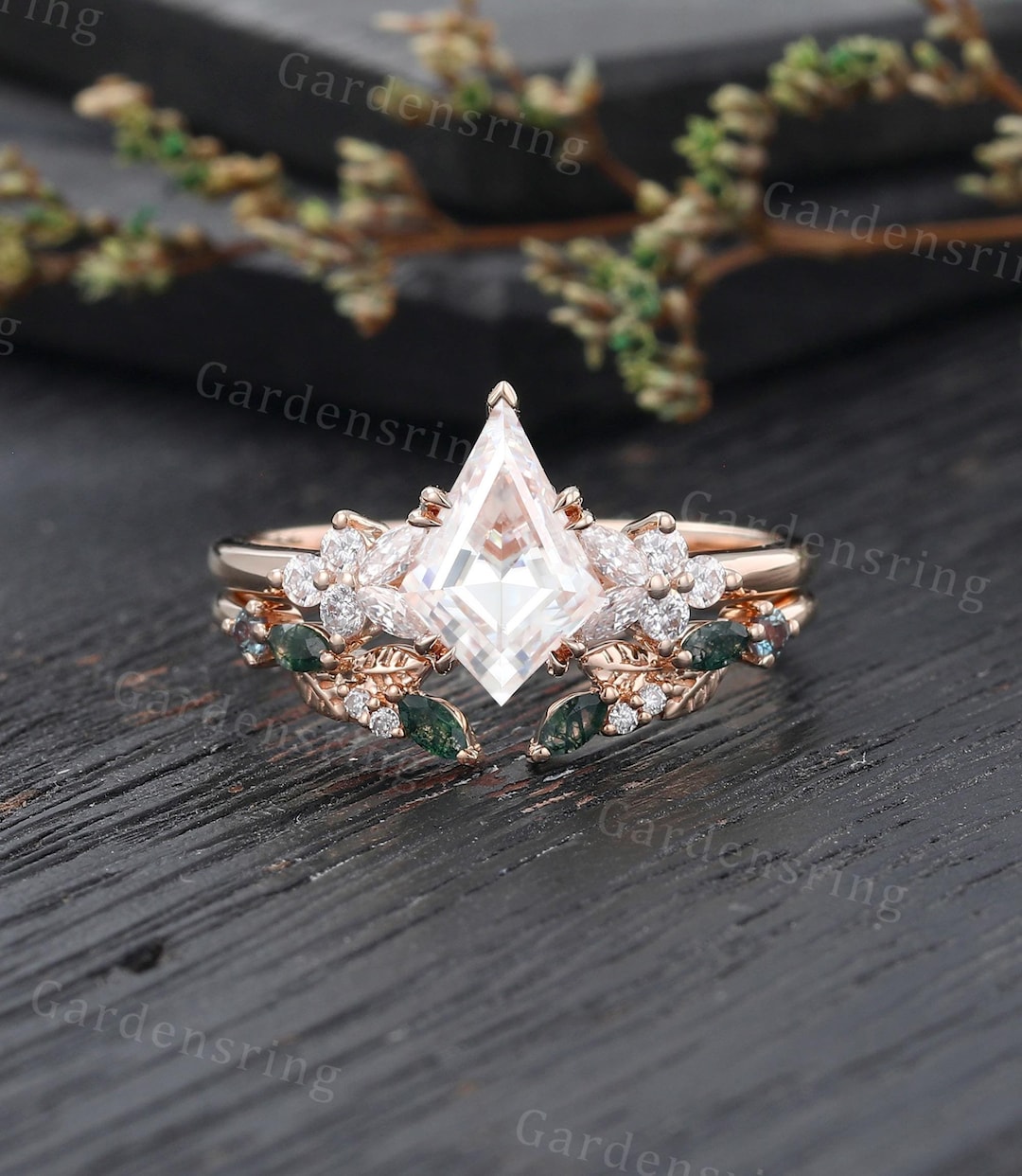 Kite Cut Moissanite Engagement Ring Set Rose Gold Unique Moss Agate Wedding Band Diamond Leaf ...