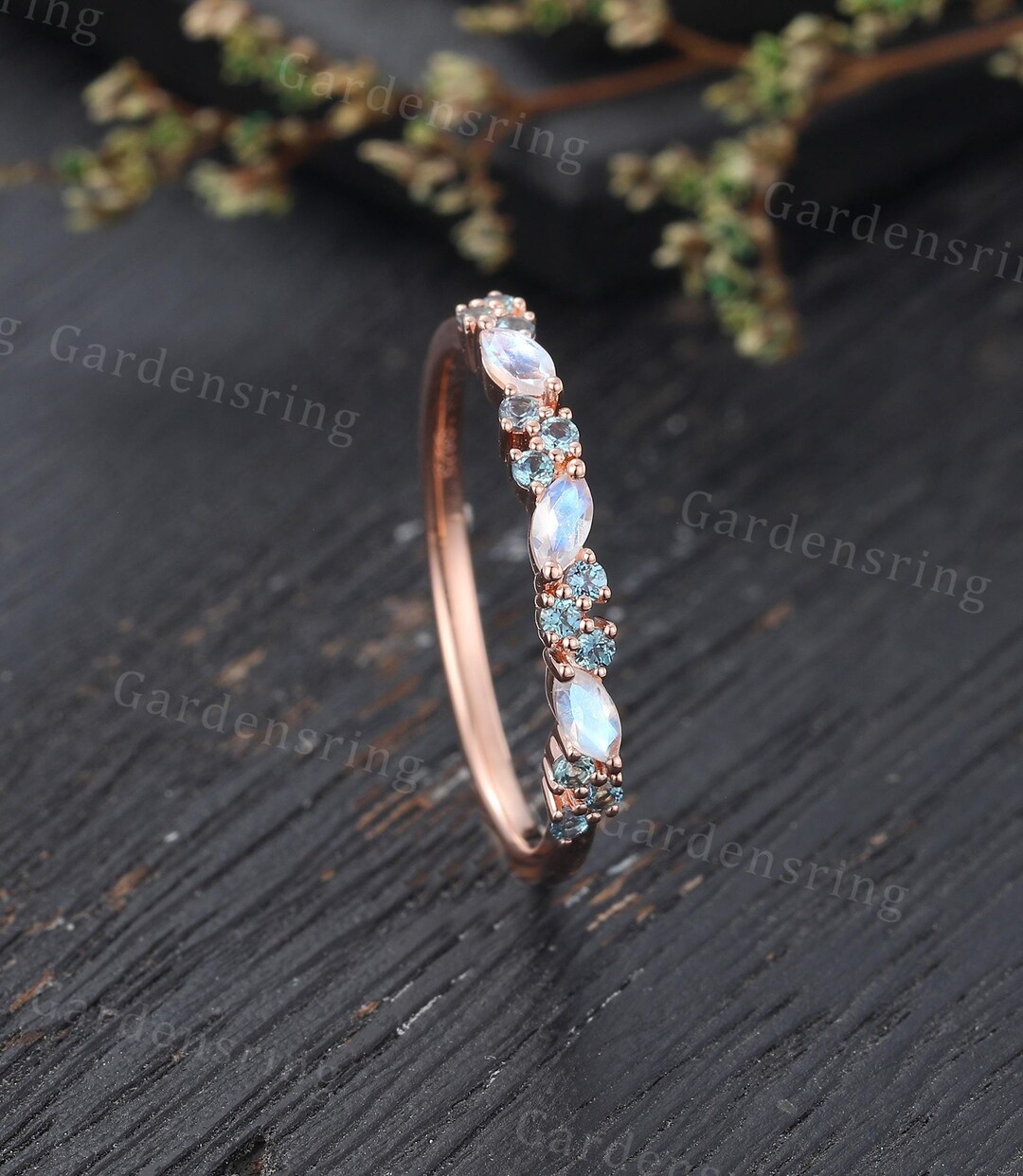 Marquise Cut Moonstone Wedding Band Rose Gold Cluster Alexandrite ...