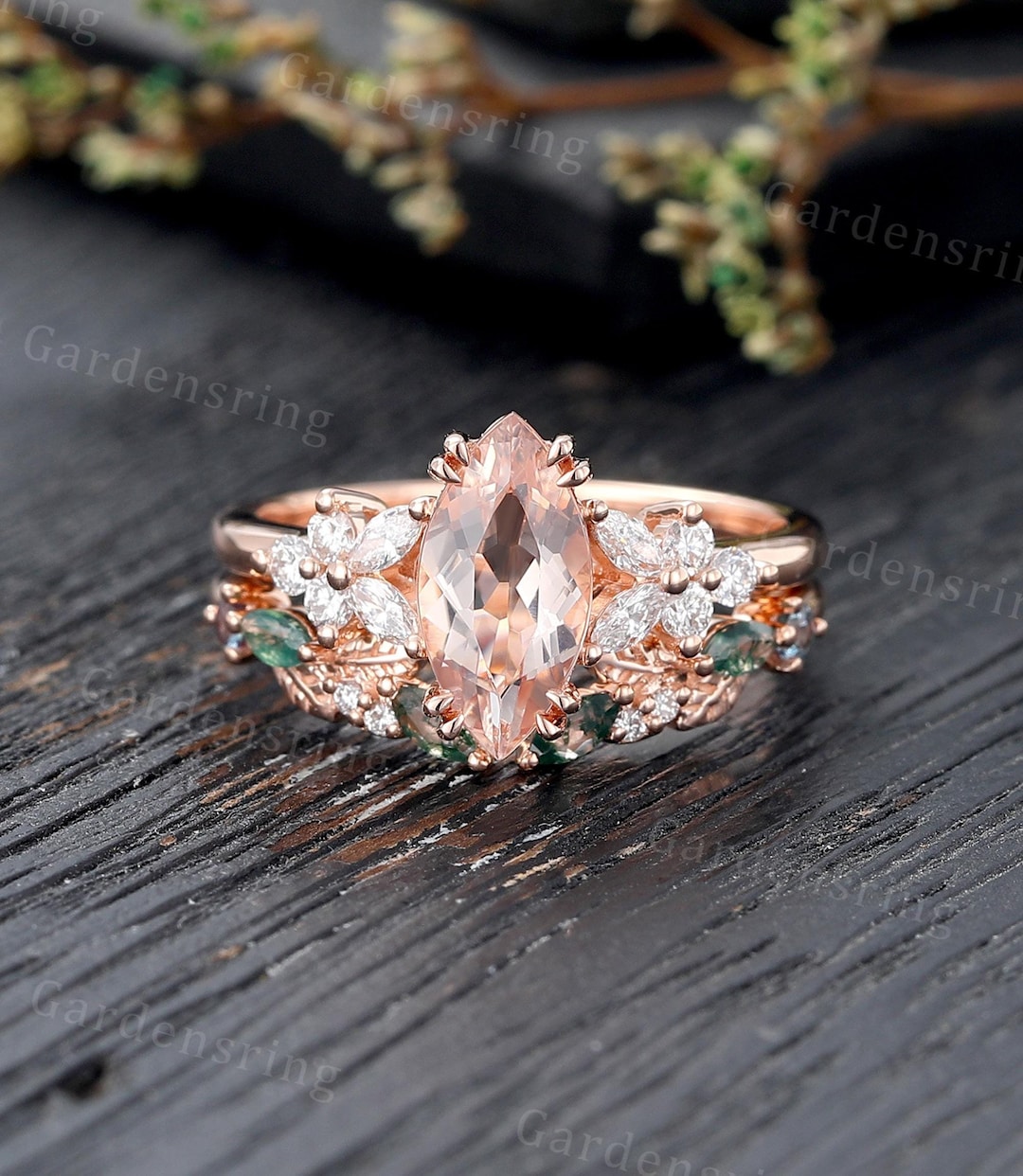 Marquise Cut Morganite Engagement Ring Set Vintage Moss Agate Wedding ...