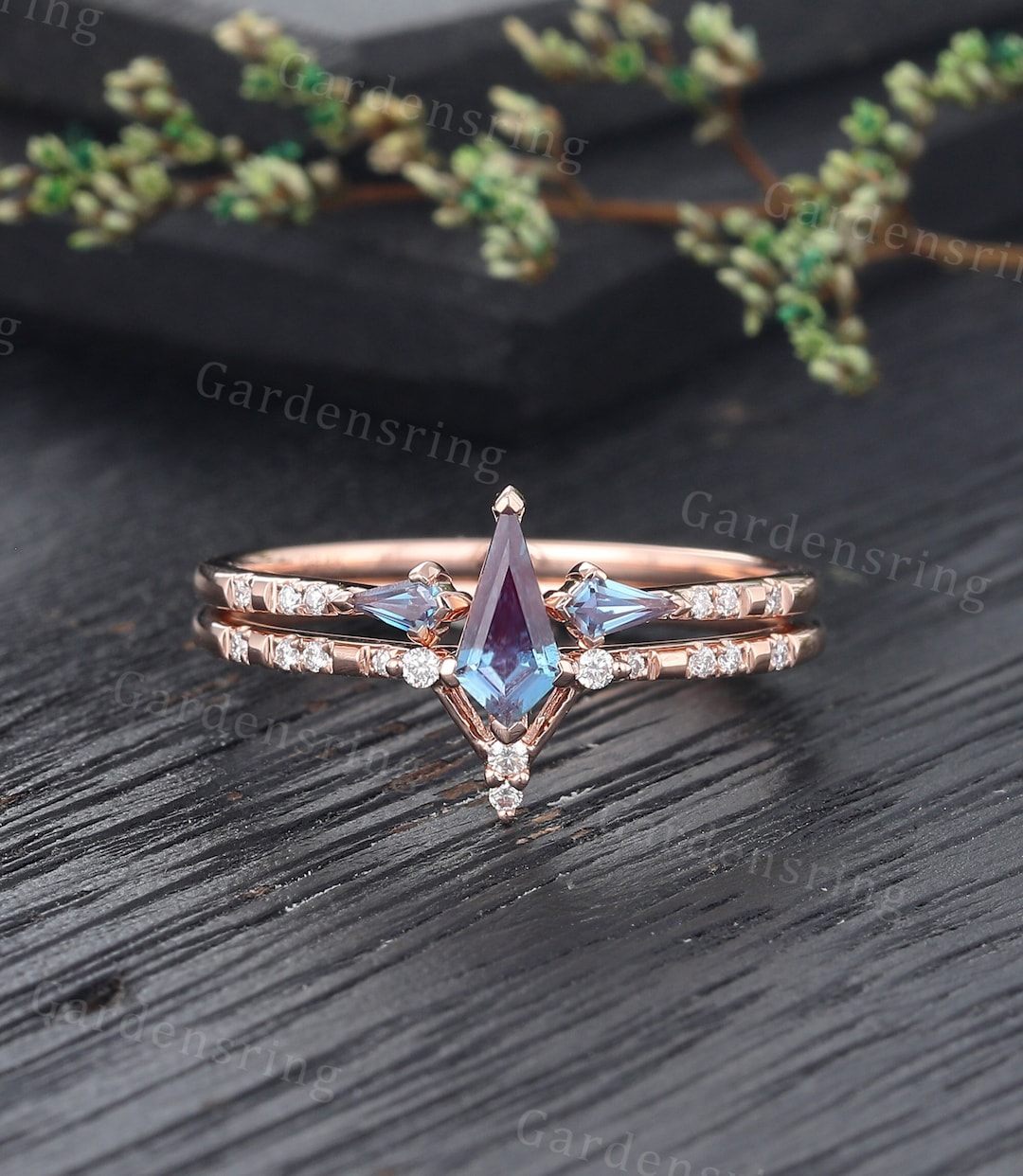 Kite Cut Alexandrite Engagement Ring Set Vintage Rose Gold Micro Pave ...
