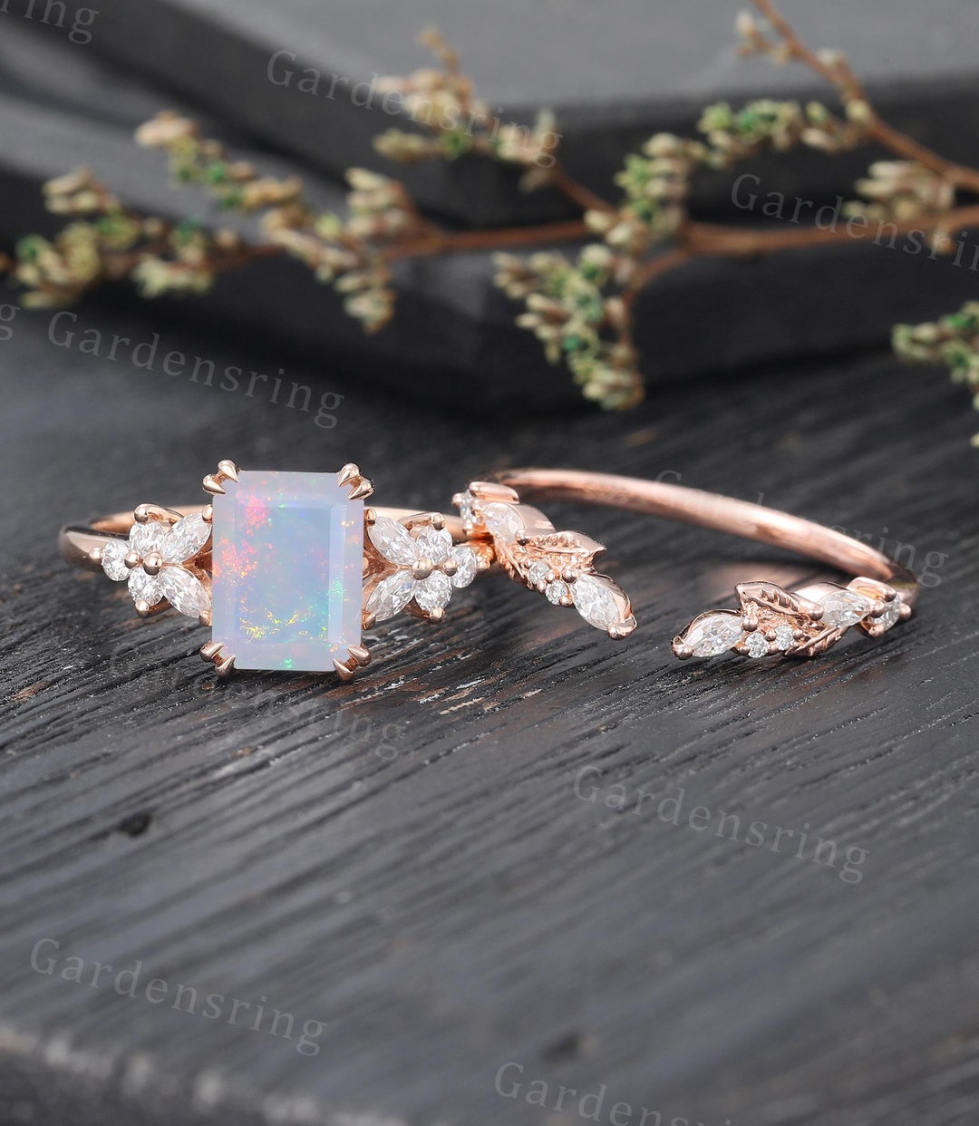Emeral Cut Opal Engagement Ring Set Vintage Marquise Cut Moissanite ...