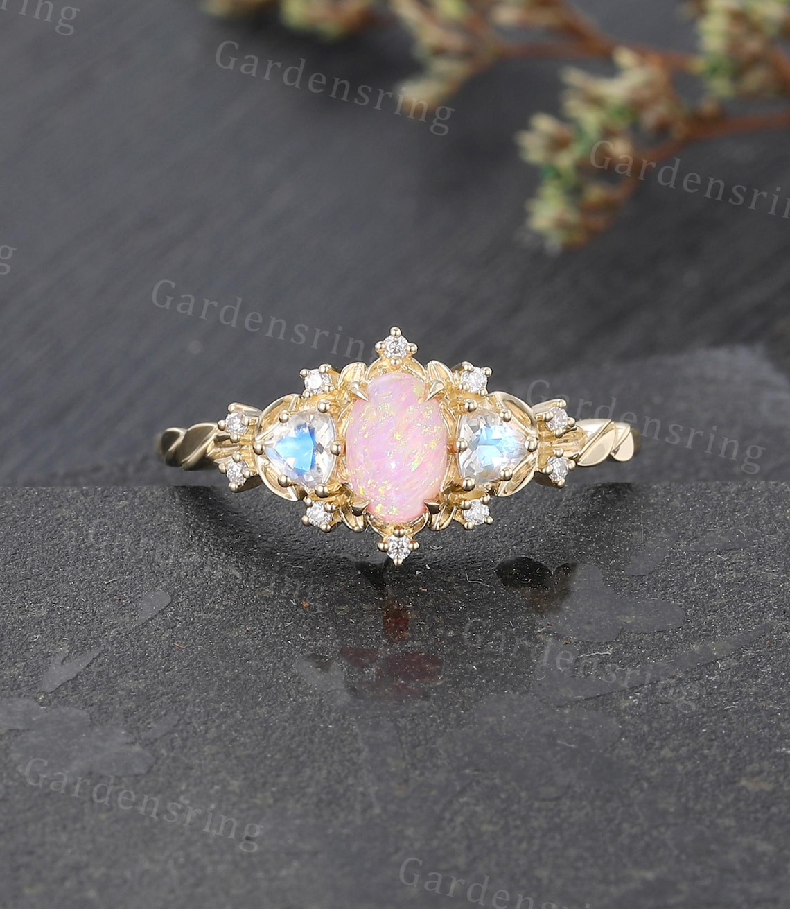 Oval Cut Pink Opal Engagement Ring Solid Gold Vintage Moissanite Ring ...