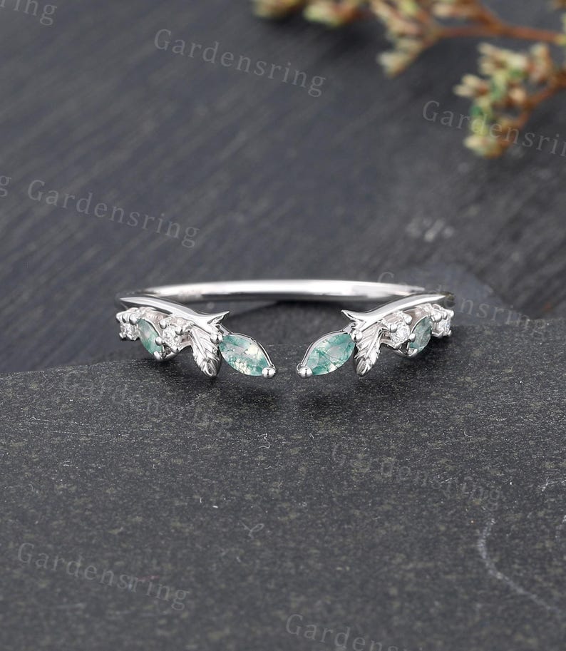 Marquise Cut Moss Agate Wedding Band Unique White Gold Diamond Curved ...