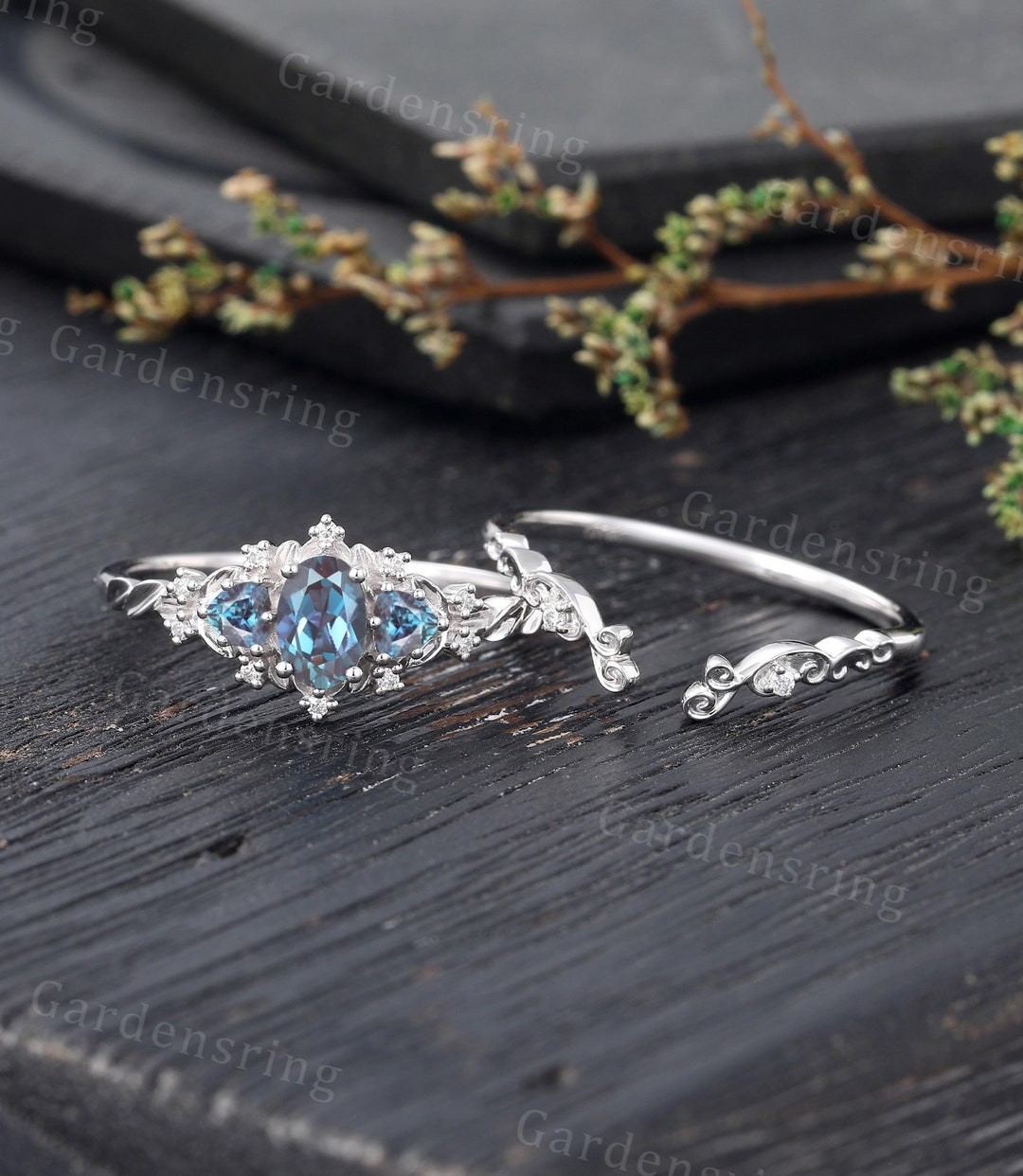 Oval Cut Alexandrite Engagement Ring Set Vintage White Gold Unique ...