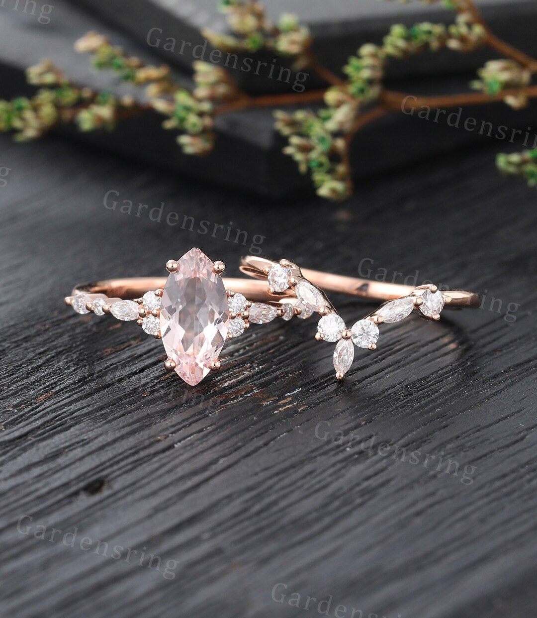Marquise Cut Morganite Engagement Ring Set Vintage Rose Gold - Etsy