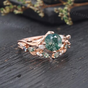 Moss Agate Engagement Ring Set Rose Gold Moissanite Ring Unique Marquise Cut Moss Agate Wedding ...