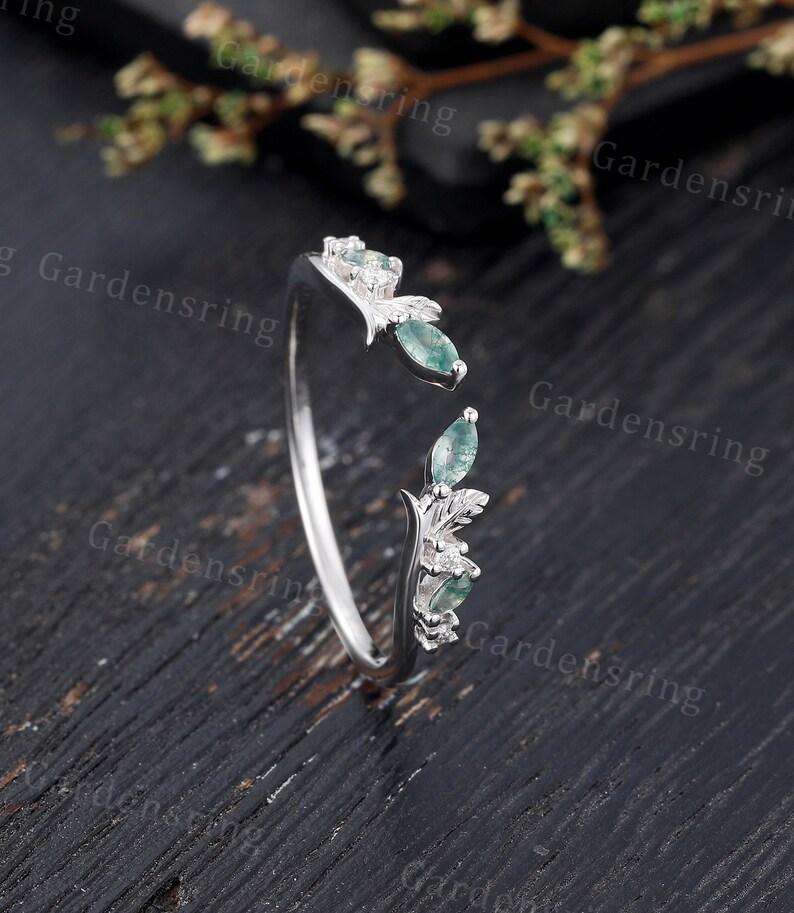 Marquise Cut Moss Agate Wedding Band Unique White Gold Diamond Curved ...