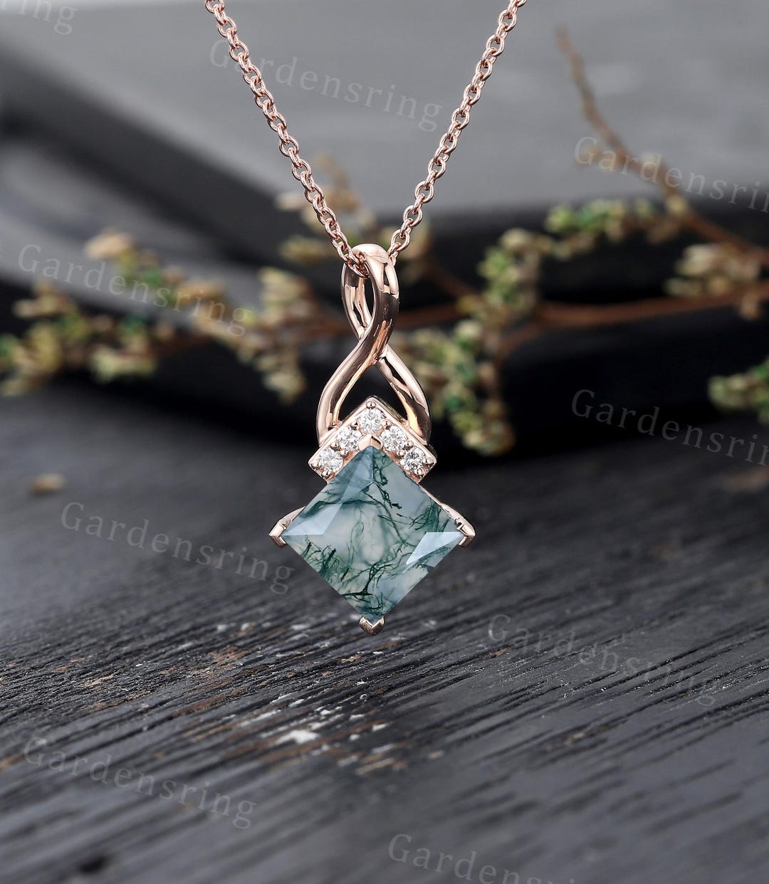 Princess Cut Moss Agate Pendant Necklace Vintage Rose Gold Moissanite ...
