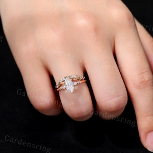 Marquise Cut Moissanite Engagement Ring Set Vintage Rose Gold Diamond Unique Moss Agate Wedding ...