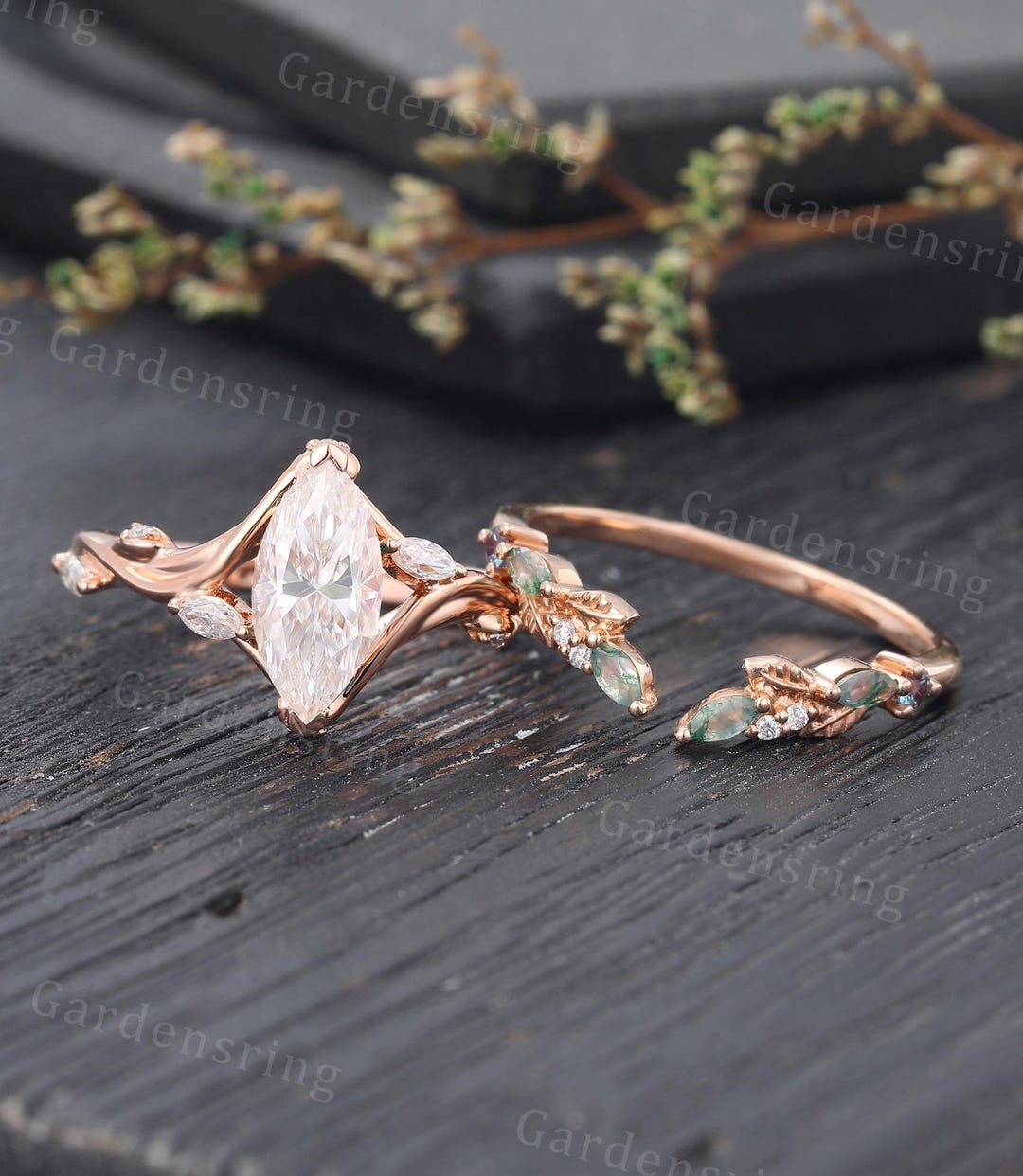 Marquise Cut Moissanite Engagement Ring Set Rose Gold Unique Moss Agate Wedding Band Leaf Ring ...