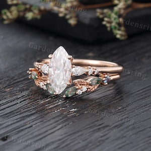 Marquise Cut Moissanite Engagement Ring Set Vintage Rose Gold Diamond Unique Moss Agate Wedding ...