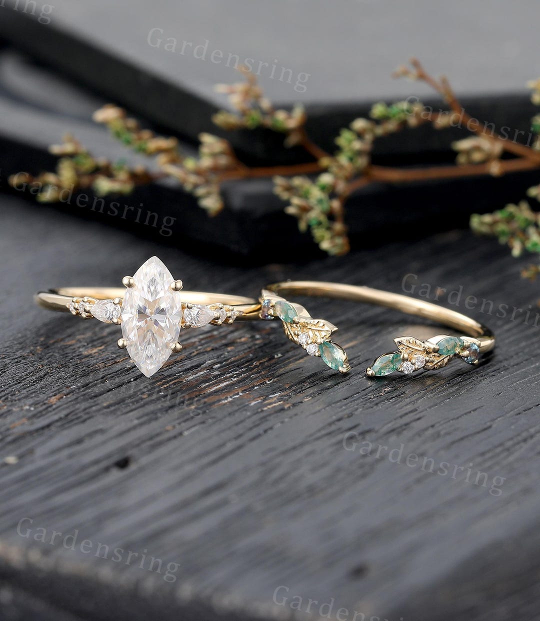 Marquise Cut Moissanite Engagement Ring Set Vintage Solid Gold Diamond Unique Moss Agate Wedding ...