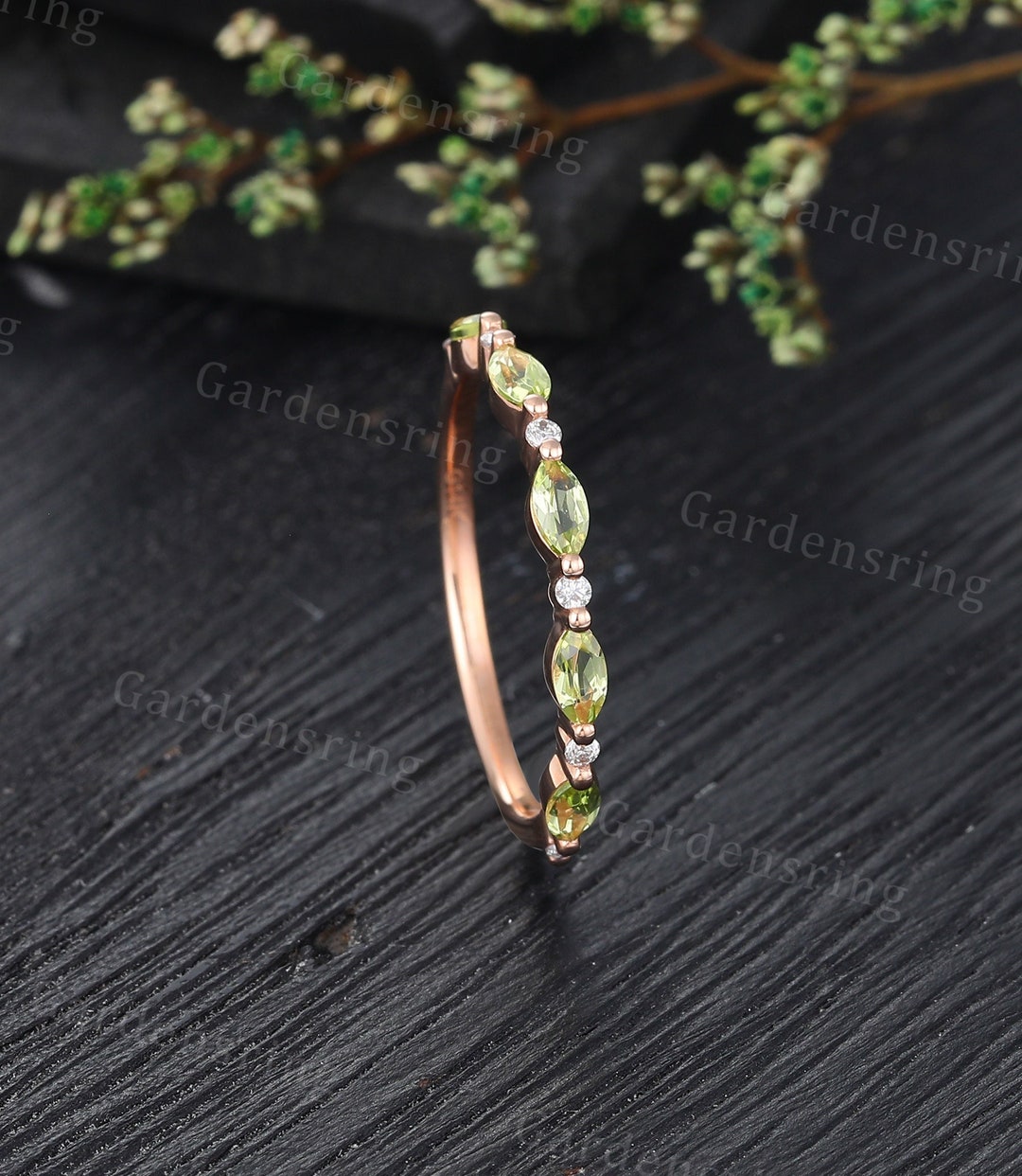 Half Eternity Marquise Cut Peridot Wedding Band Rose Gold Moissanite Ring Vintage Stacking Ring ...