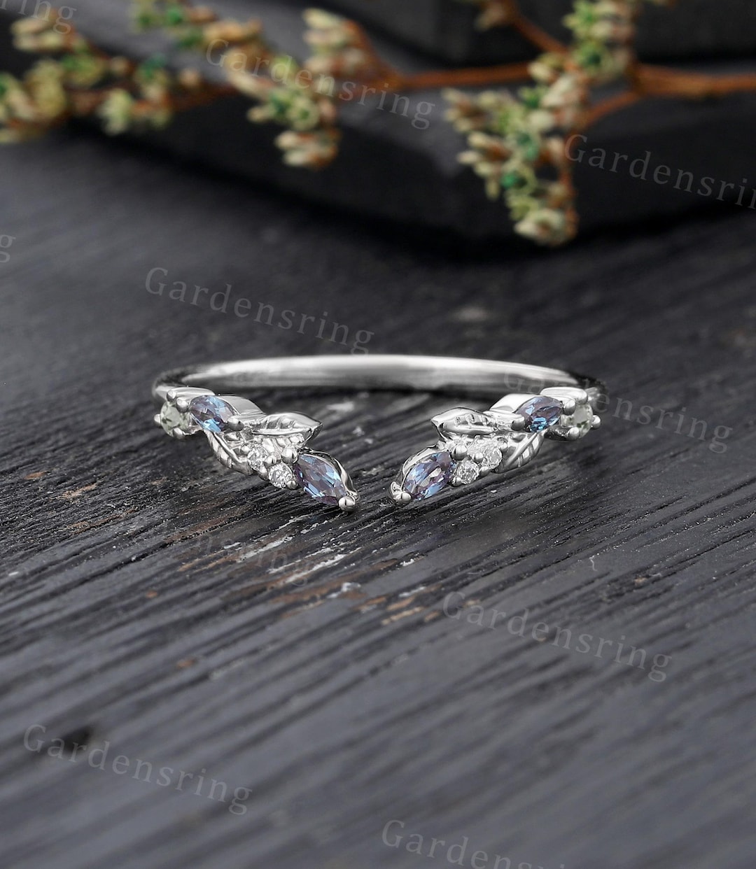 Marquise Cut Alexandrite Wedding Band Unique Curved Wedding Band White ...