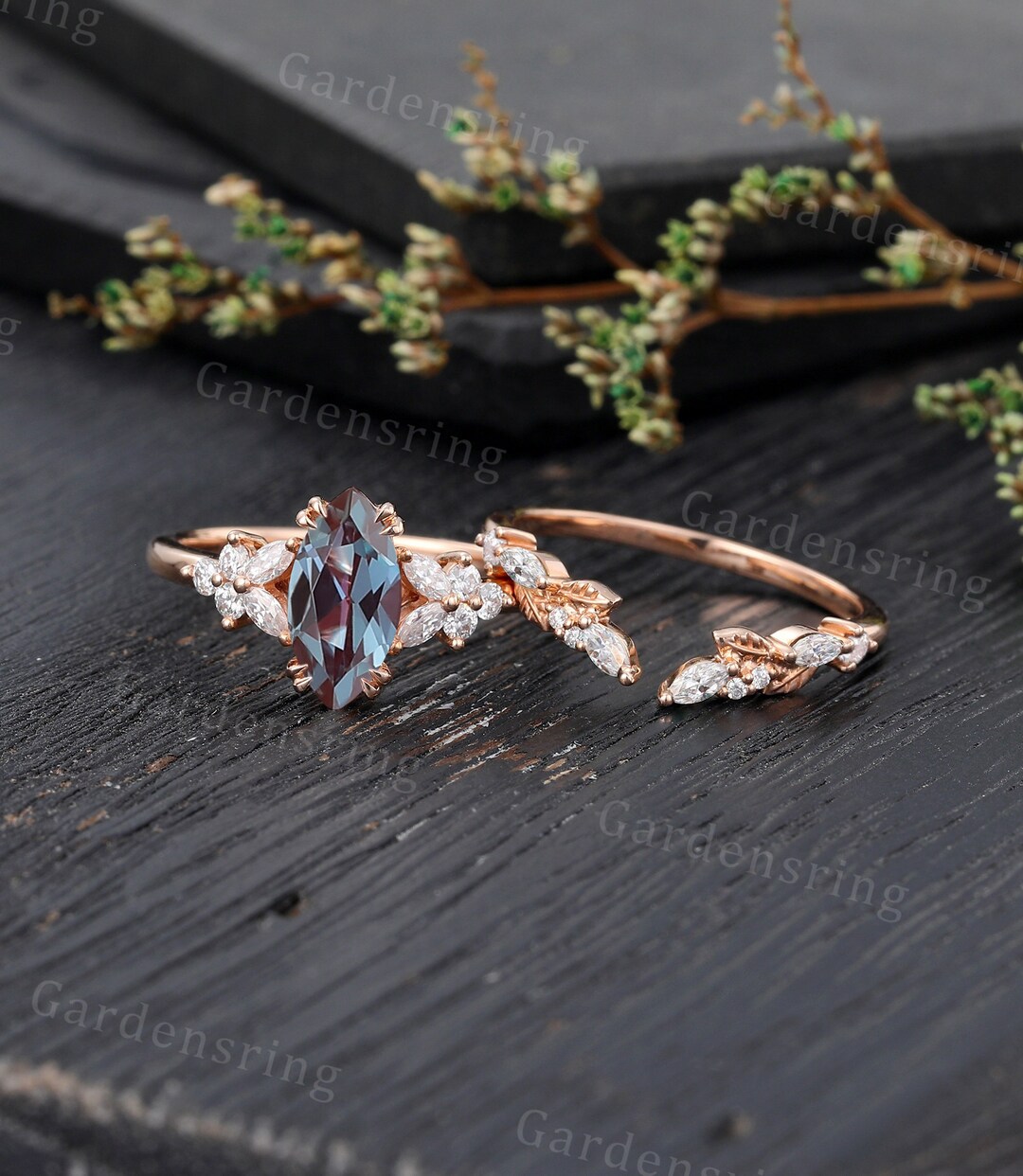 Marquise Cut Alexandrite Engagement Ring Set Vintage Moissanite Diamond ...