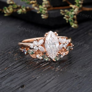 Marquise Cut Moissanite Engagement Ring Set Vintage Moss Agate Wedding Band Rose Gold Cluster ...