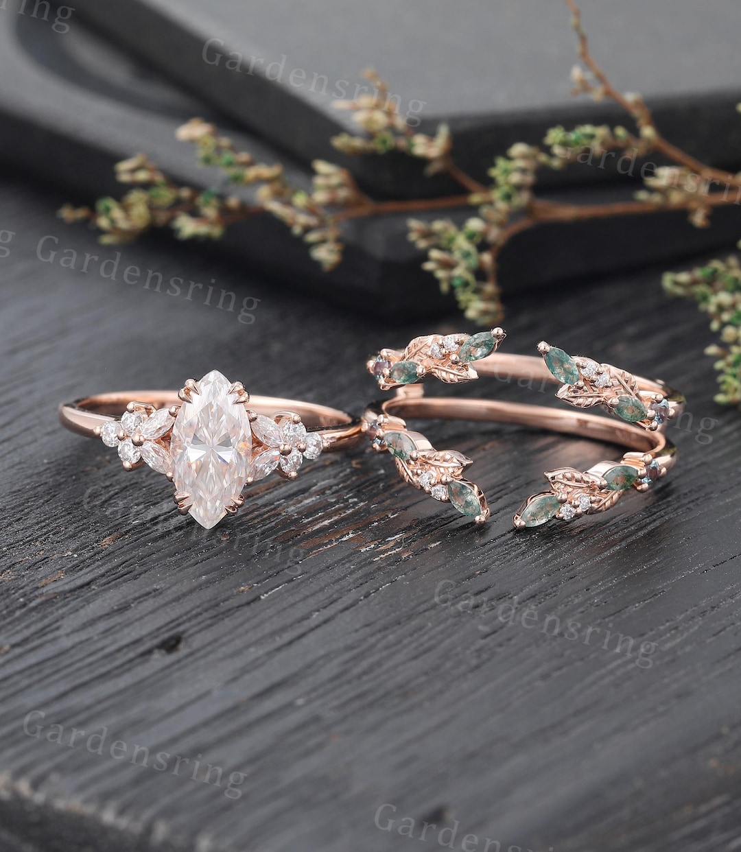 Marquise Cut Moissanite Engagement Ring Set Vintage Moss Agate Wedding ...
