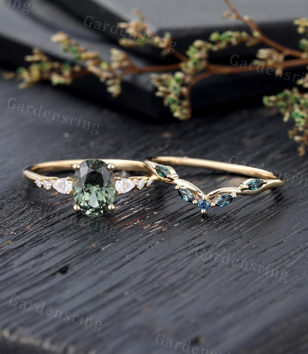 Oval Cut Green Sapphire Engagement Ring Set Vintage 14k Gold Marquise ...