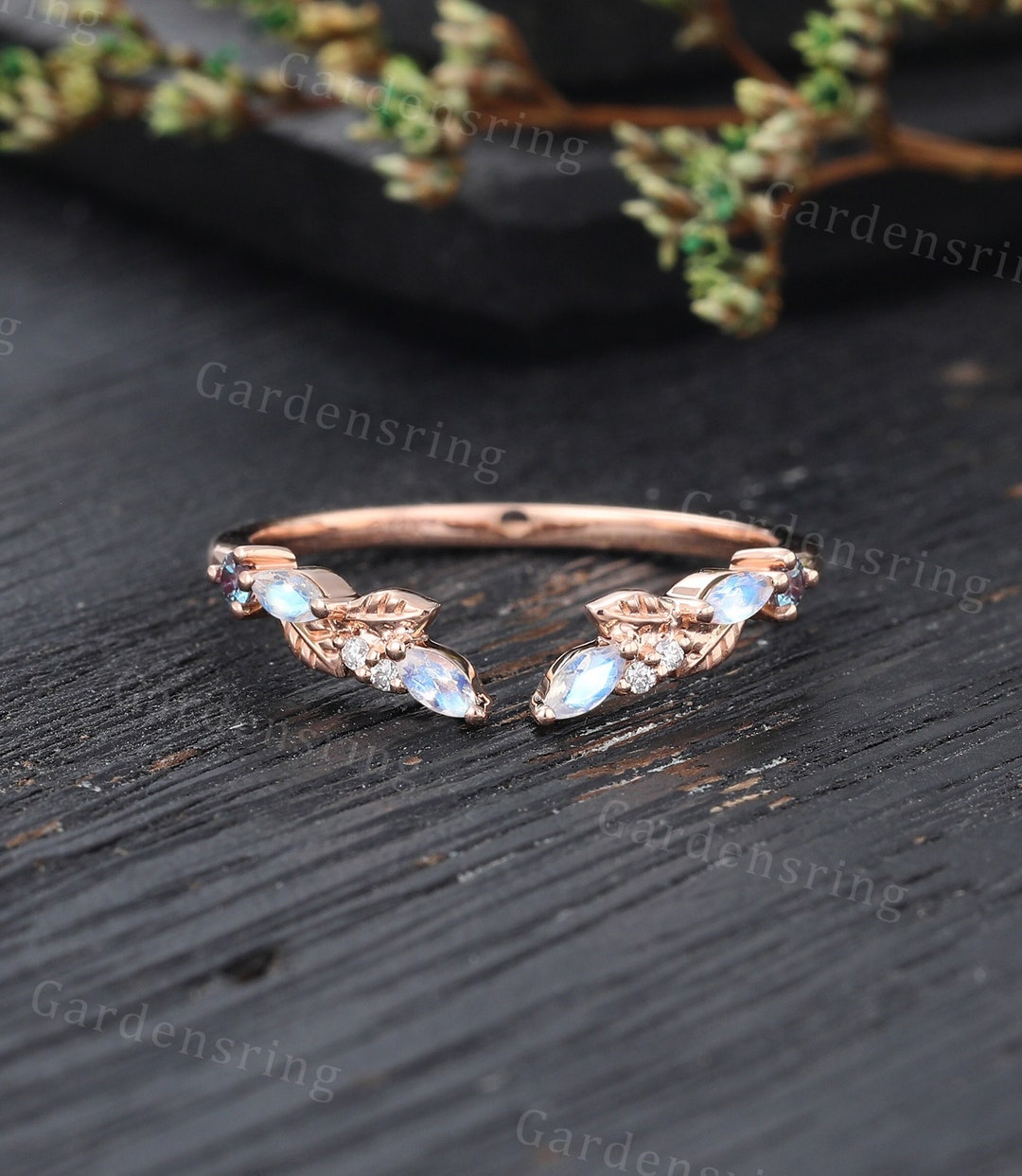 Moonstone Curved Wedding Band Unique Rose Gold Open Wedding Band Round ...