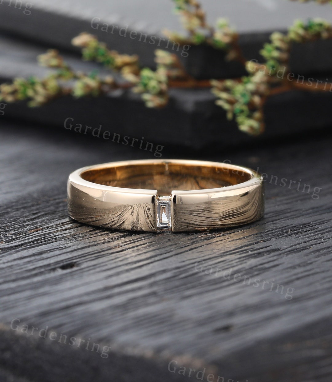 Vintage Solid 14K Gold Moissanite Wedding Band Baguette Cut Men's Ring ...