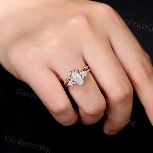 Marquise Cut Moissanite Engagement Ring Set Vintage Moss Agate Wedding Band Rose Gold Cluster ...