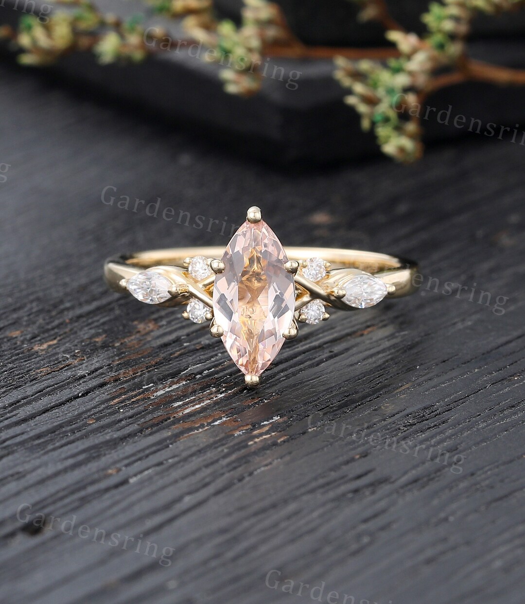 Marquise Cut Morganite Engagement Ring Vintage Solid Gold Cluster ...