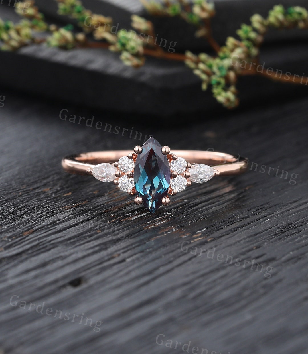 Marquise Cut Alexandrite Engagement Ring Vintage Rose Gold Cluster ...