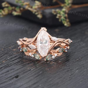 Marquise Cut Moissanite Engagement Ring Set Rose Gold Unique Moss Agate Wedding Band Leaf Ring ...