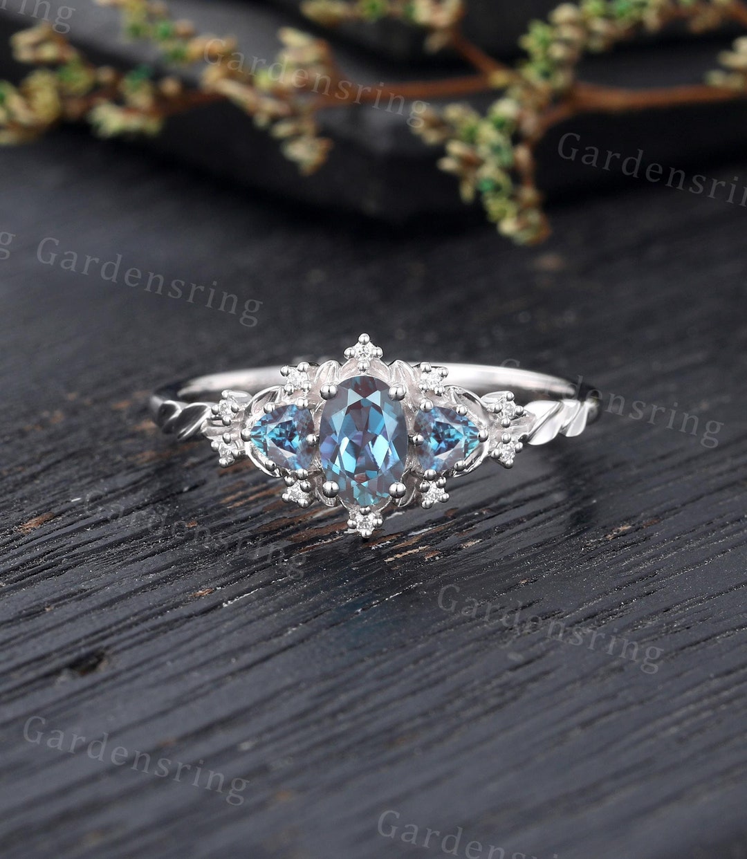 Vintage Oval Alexandrite Engagement Ring White Gold Triangle Cut ...