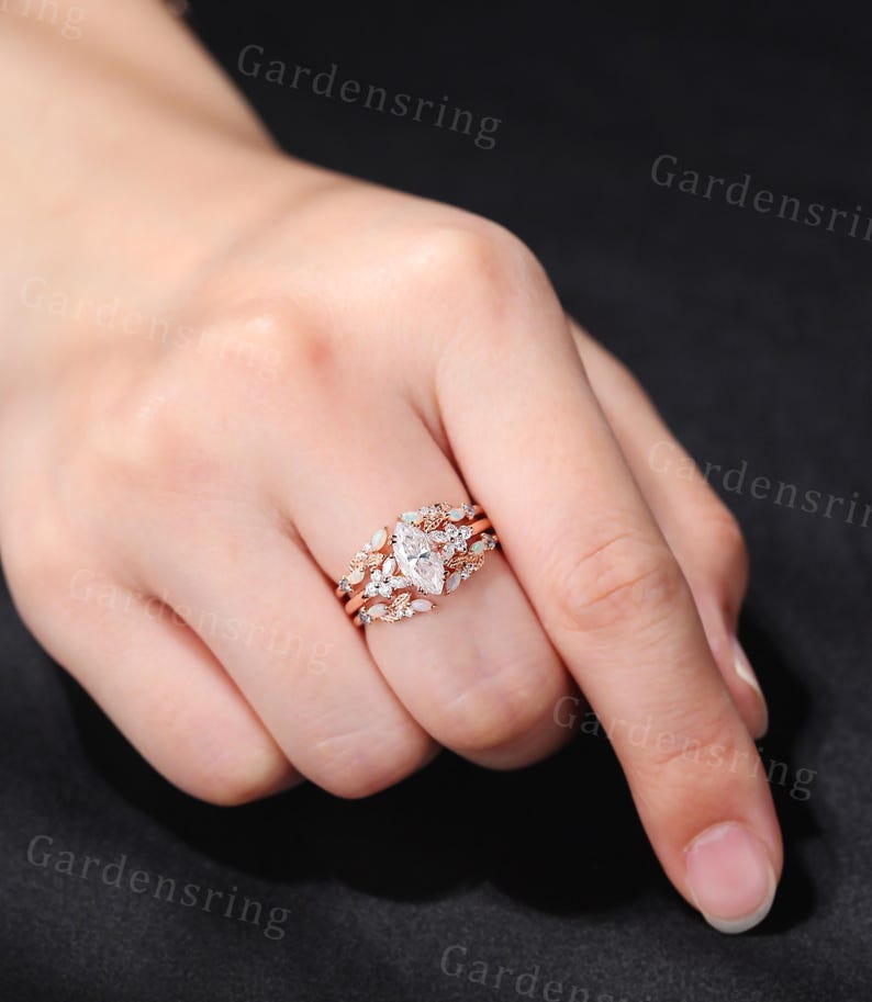 Marquise Cut Moissanite Engagement Ring Set Vintage Leaf Ring Opal ...