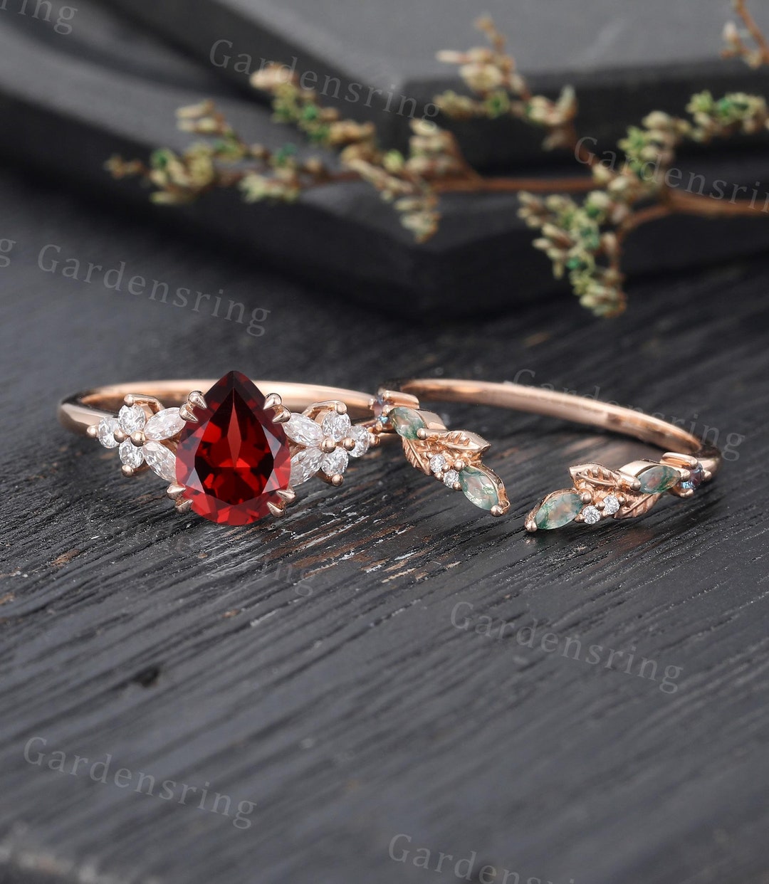 Pear Shaped Garnet Engagement Ring Set Vintage Marquise Cut Moss Agate ...