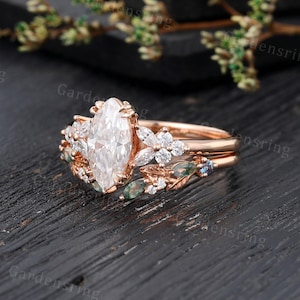 Marquise Cut Moissanite Engagement Ring Set Vintage Moss Agate Wedding Band Rose Gold Cluster ...