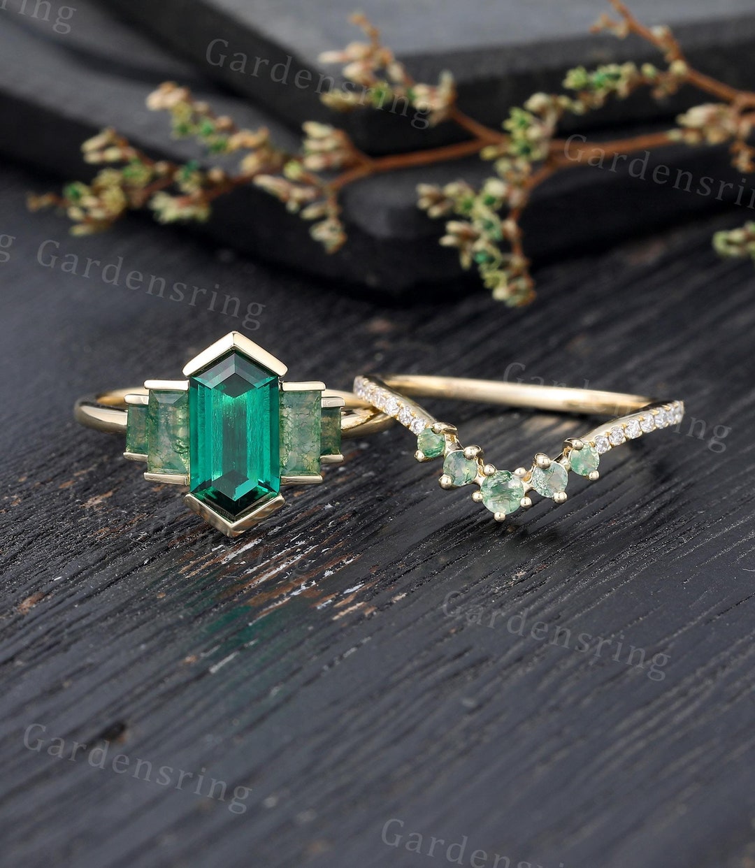 Long Hexagon Cut Emerald Engagement Ring Set 14k Gold Baguette Cut Moss ...