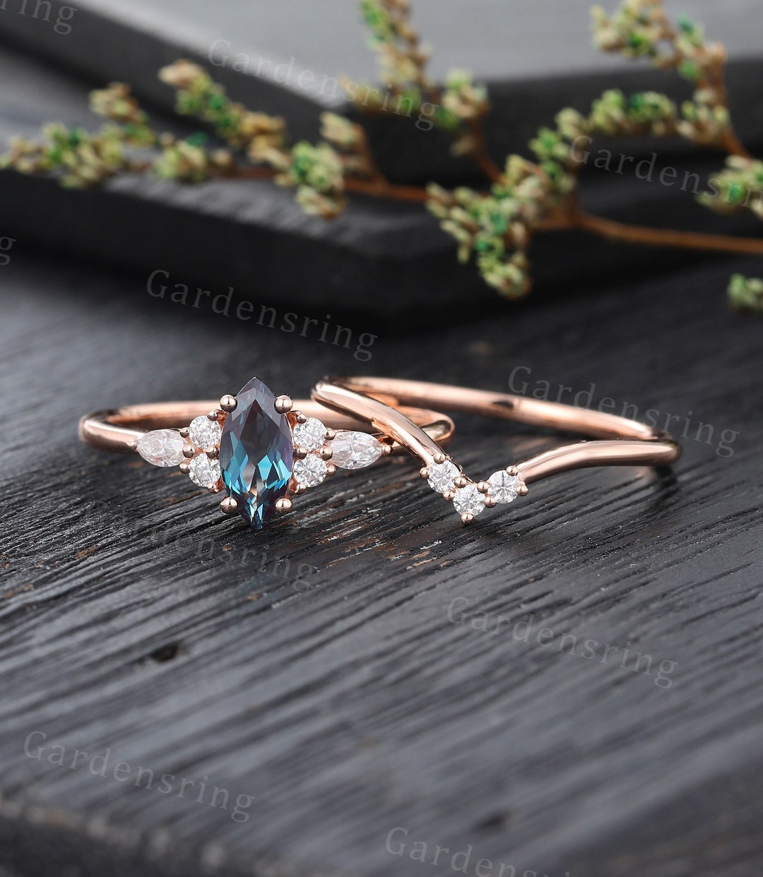 Marquise Cut Alexandrite Engagement Ring Set Vintage Rose Gold Cluster ...