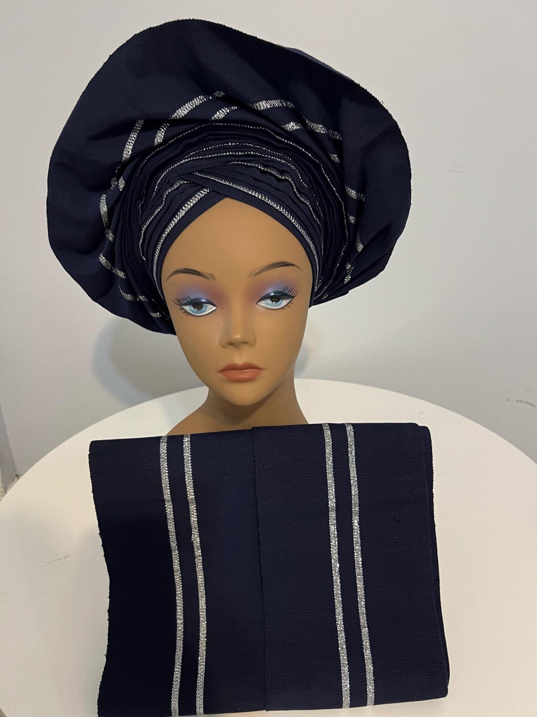 African Nigeria Two Piece Navy Blue With Silver Stripes Bridal Aso Oke ...