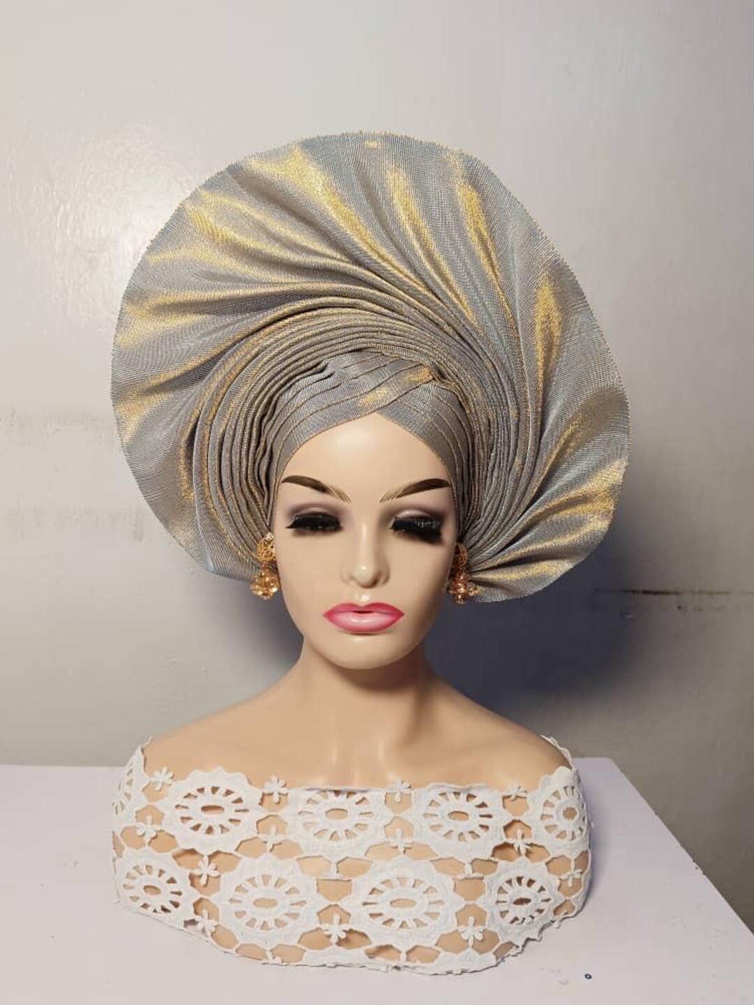 African Nigeria Gold Aso Oke Party Auto Gele | Ready to Wear Headpiece ...
