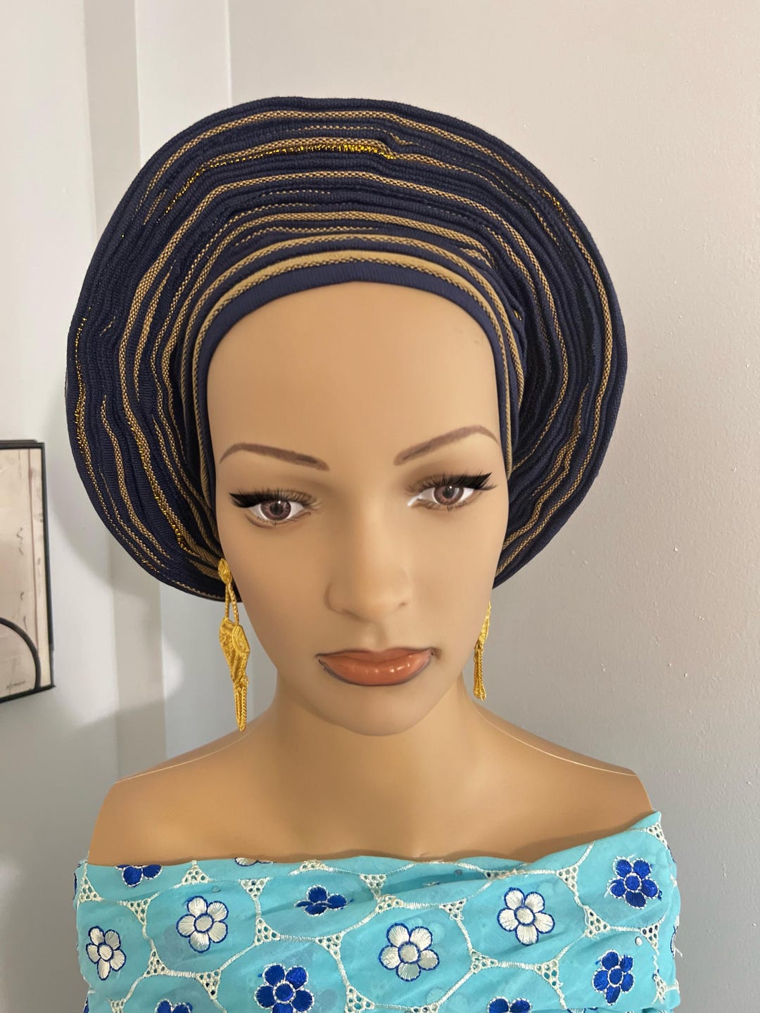 African Nigerian Round Navy Blue and Gold Striped Auto Gele | Ready to ...