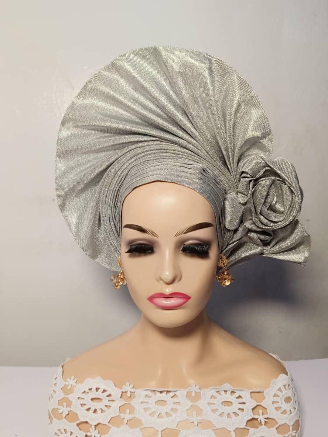 African Nigeria Silver Aso Oke Party Auto Gele | Ready to Wear ...