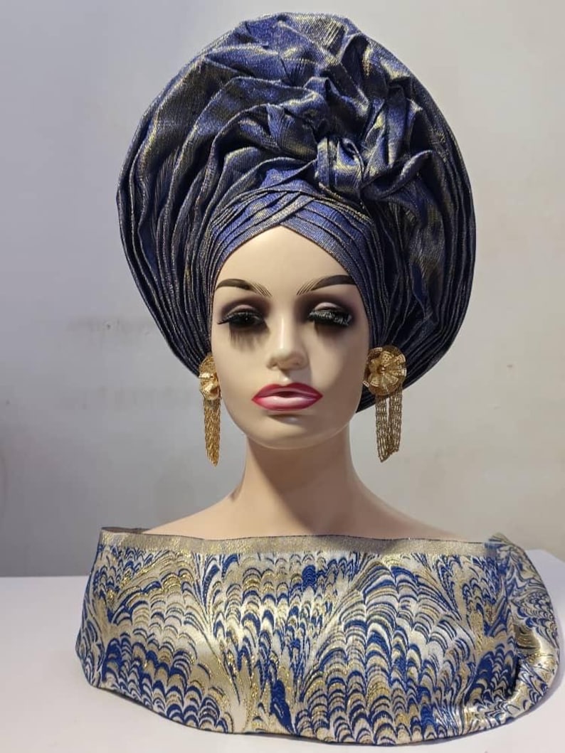 African Nigeria Navy Blue Gold Aso Oke Party Auto Gele | Ready to Wear ...