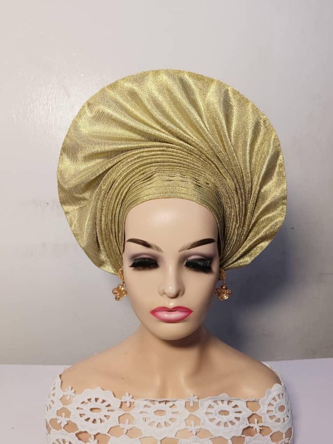 African Nigeria Gold Aso Oke Party Auto Gele | Ready to Wear Headpiece ...