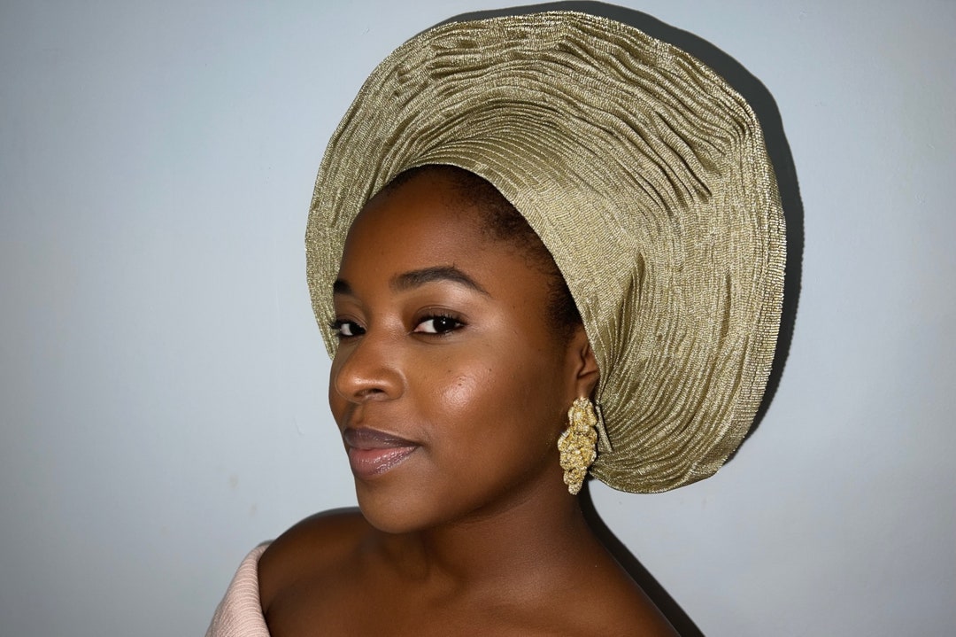 African Nigerian Gold Round Party Auto Gele | Ready to Wear Headpiece ...